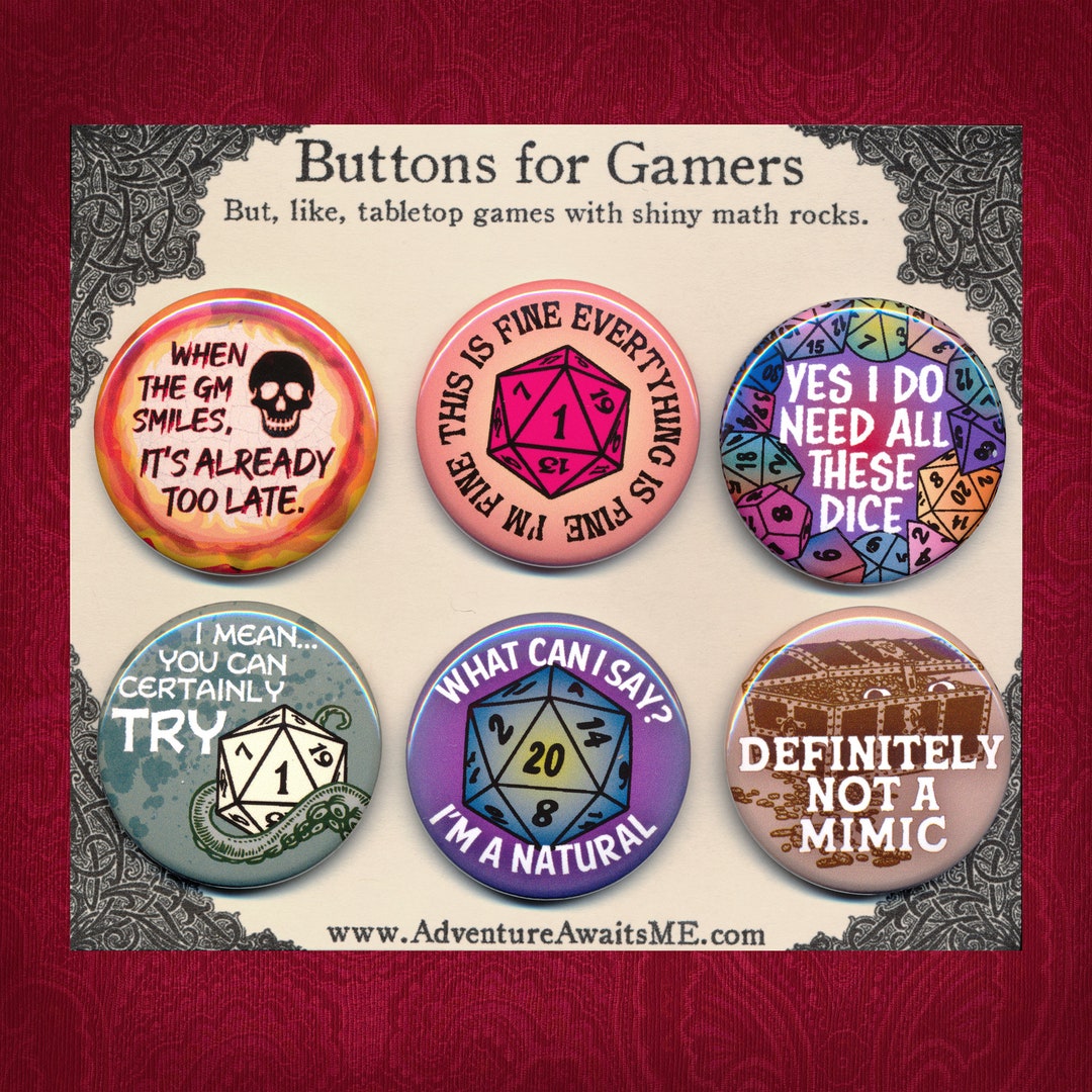 Gamers Pinback Button Set - Pins Badges Gamers Larp Dice Table Top Game ...