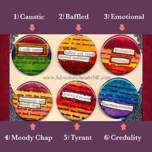 Caustic Found Word Pinback Button Set - Book Pages Recycled Pins Badges ...