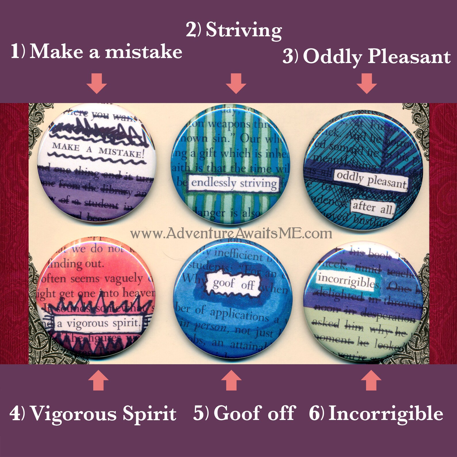 Mistake Found Word Pinback Button Set - Book Pages Recycled Pins Badge ...