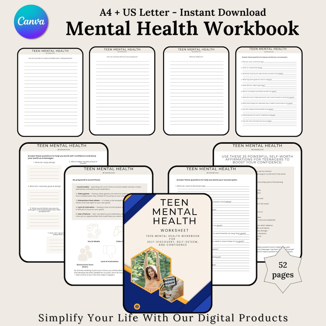 Mental Health Workbook Template, Self Esteem Workbook for Teens, Mental ...