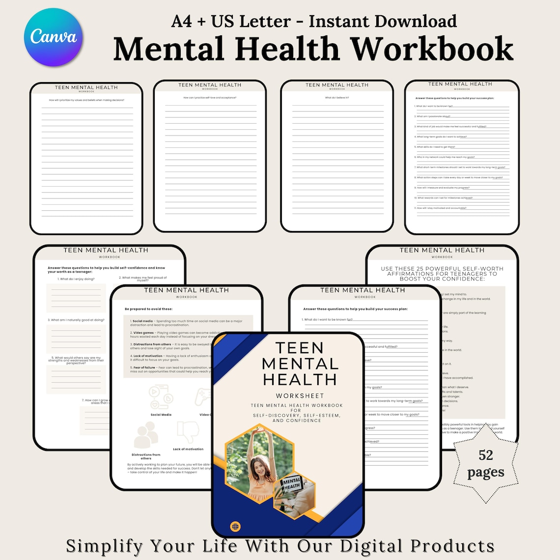 Mental Health Workbook Template, Self Esteem Workbook for Teens, Mental ...