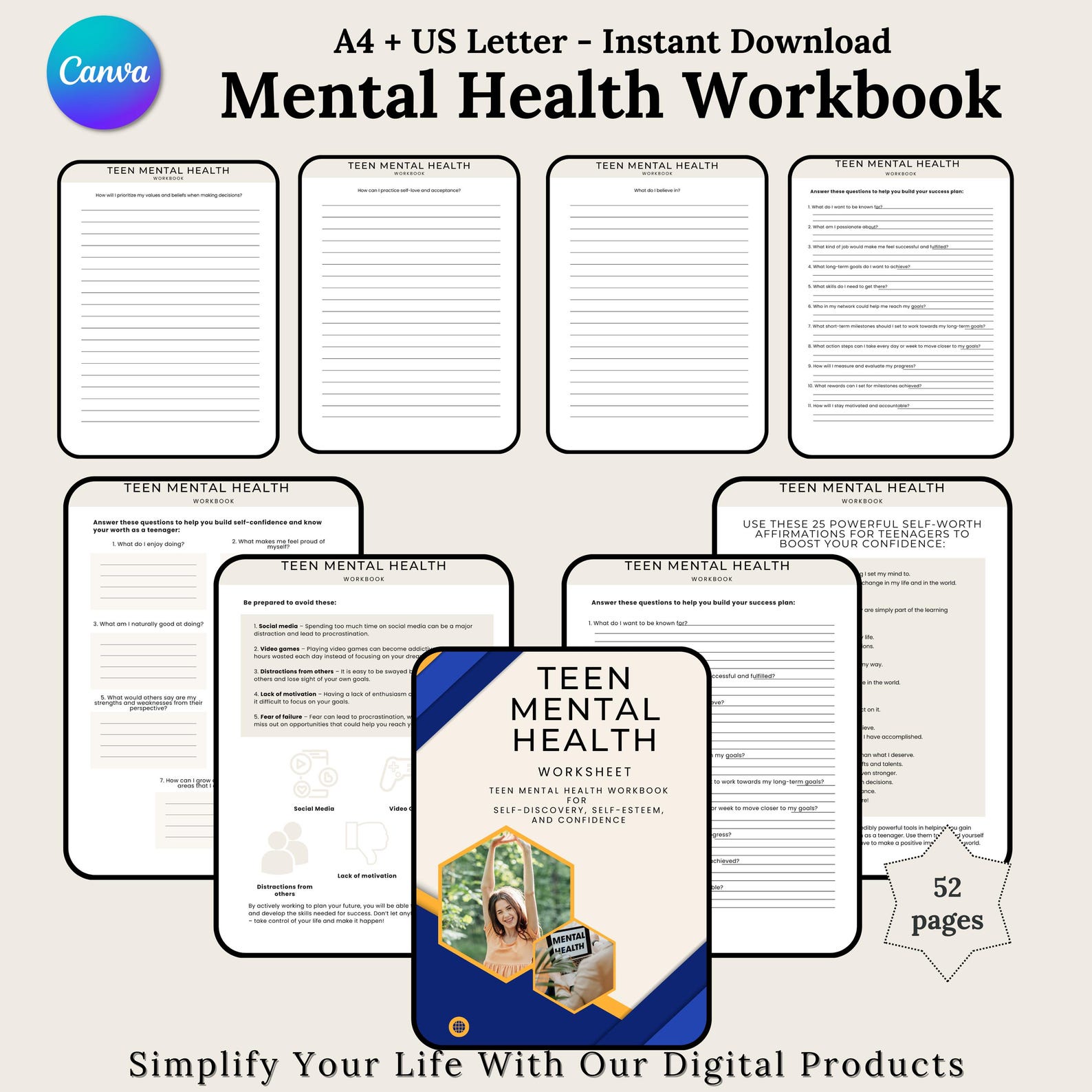 Mental Health Workbook Template, Self Esteem Workbook for Teens, Mental ...