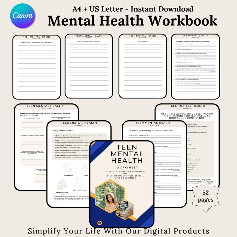 Mental Health Workbook Template, Self Esteem Workbook for Teens, Mental ...