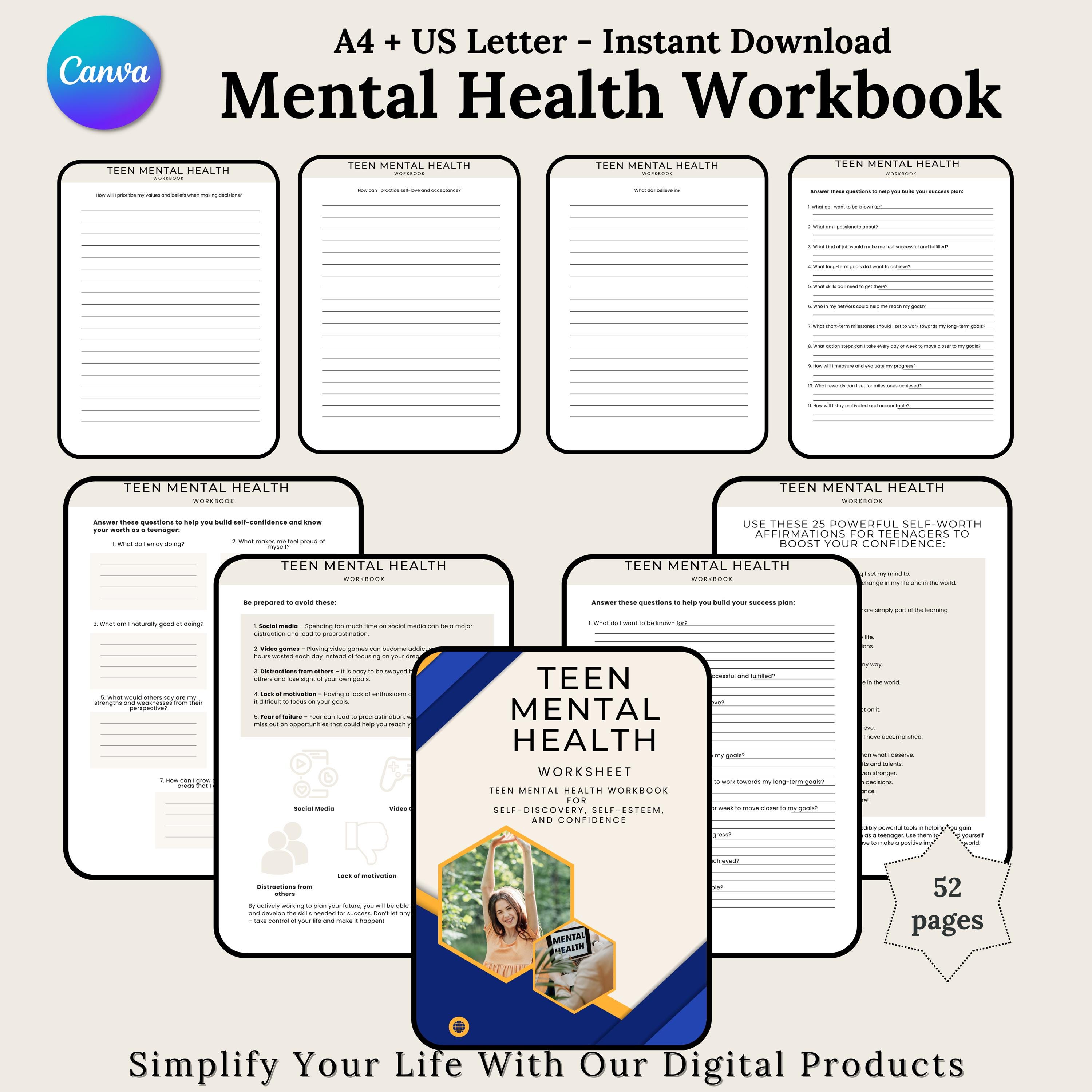 Mental Health Workbook Template, Self Esteem Workbook for Teens, Mental ...