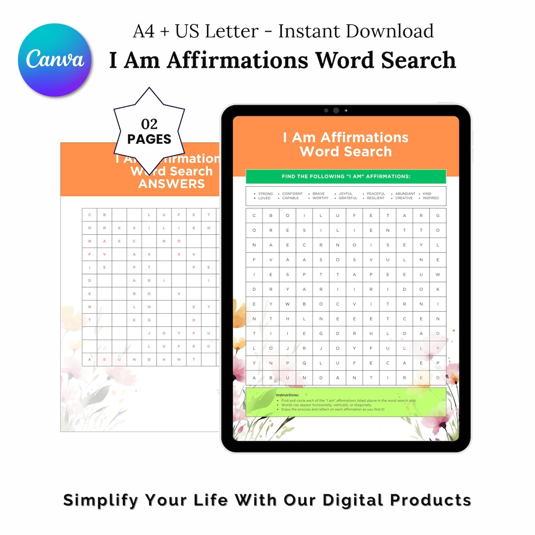 Affirmations Word Search Puzzle: Positive Mindset Activity (PDF) - Etsy