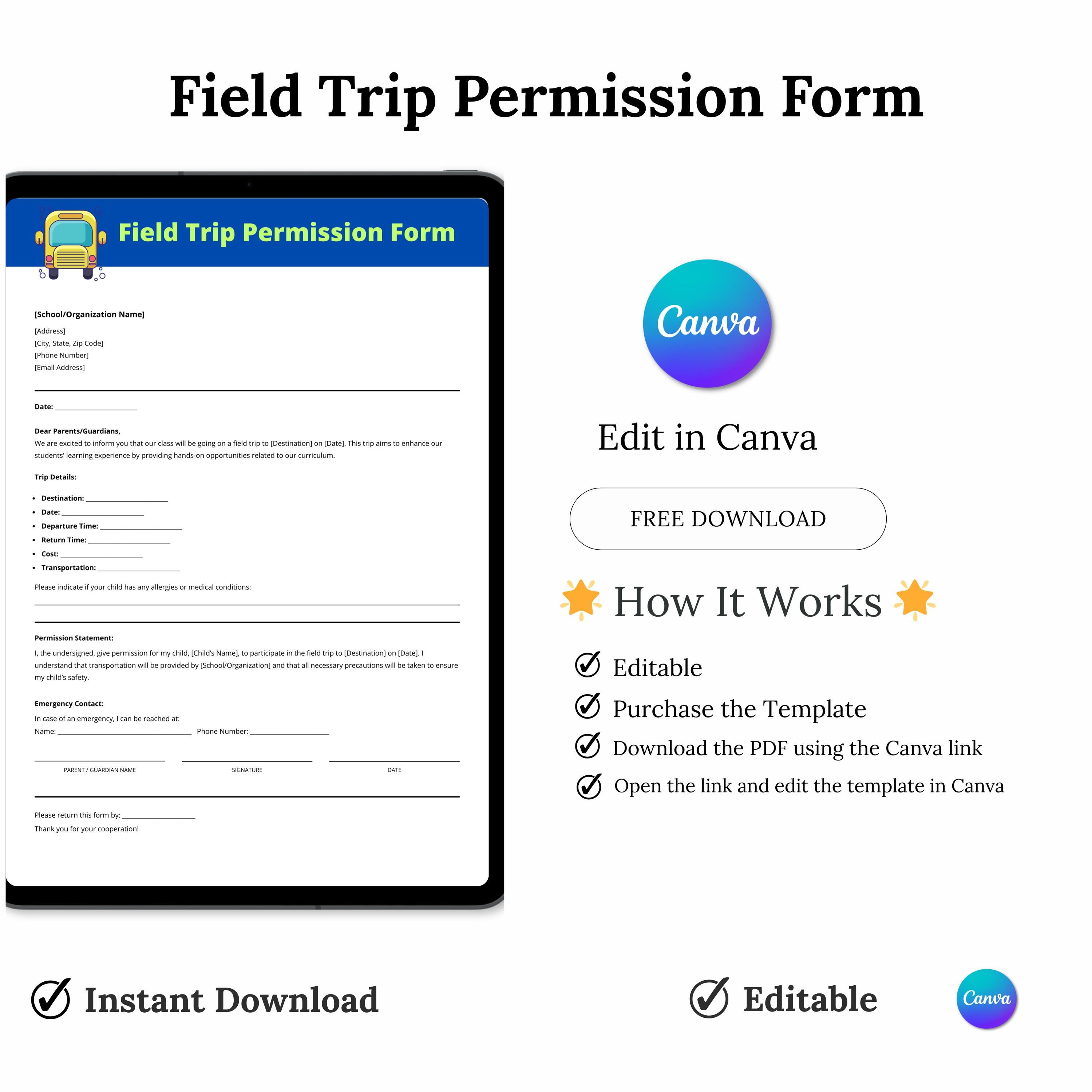 Editable Field Trip Form Template: School Trip Authorization (PDF) - Etsy