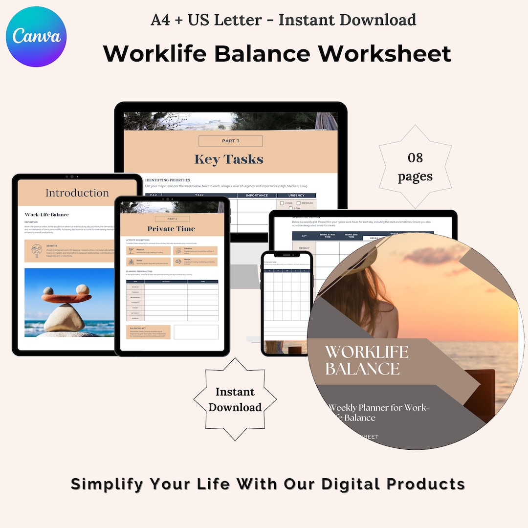 Work Life Balance Worksheet, Time Management Self Care Planner, Work ...