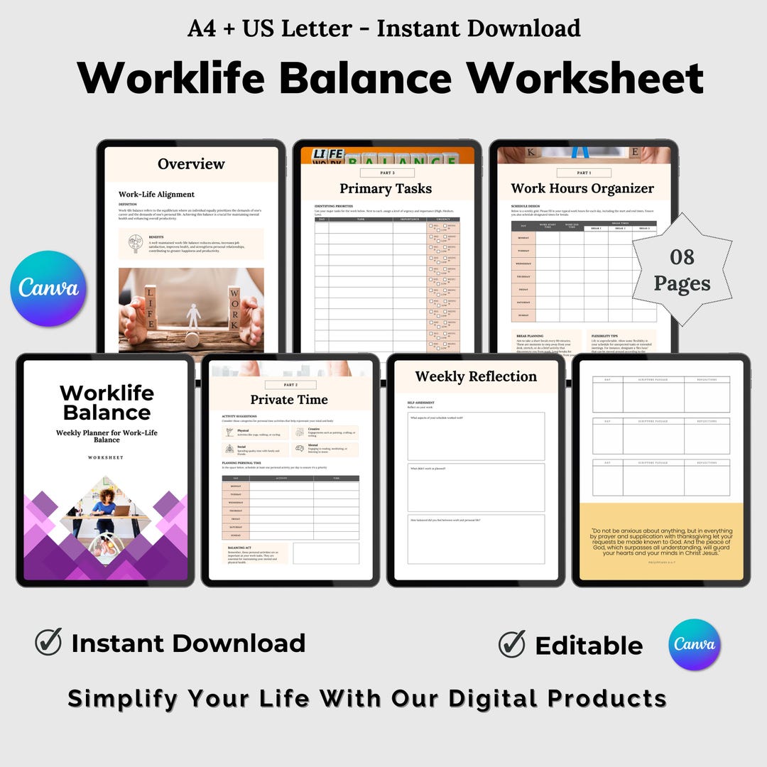 Work Life Balance, Self-care Worksheet, Stress Reduction Planner ...
