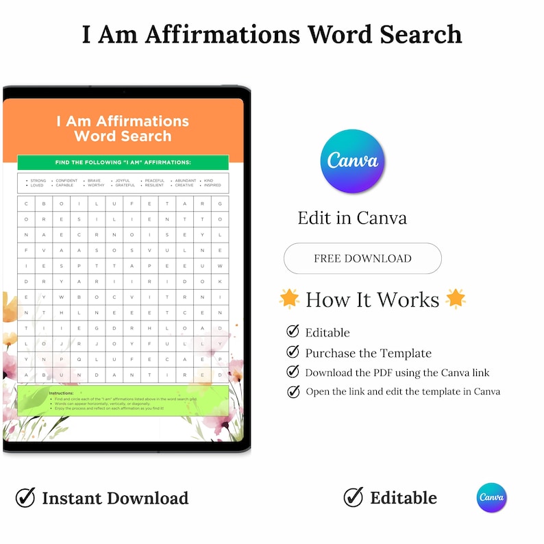 Affirmations Word Search Puzzle: Positive Mindset Activity (PDF) - Etsy