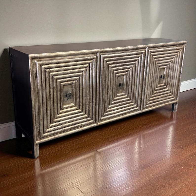 Silver Leaf Wood Sideboard Buffet – Modern Metallic 3-door Cabinet With ...