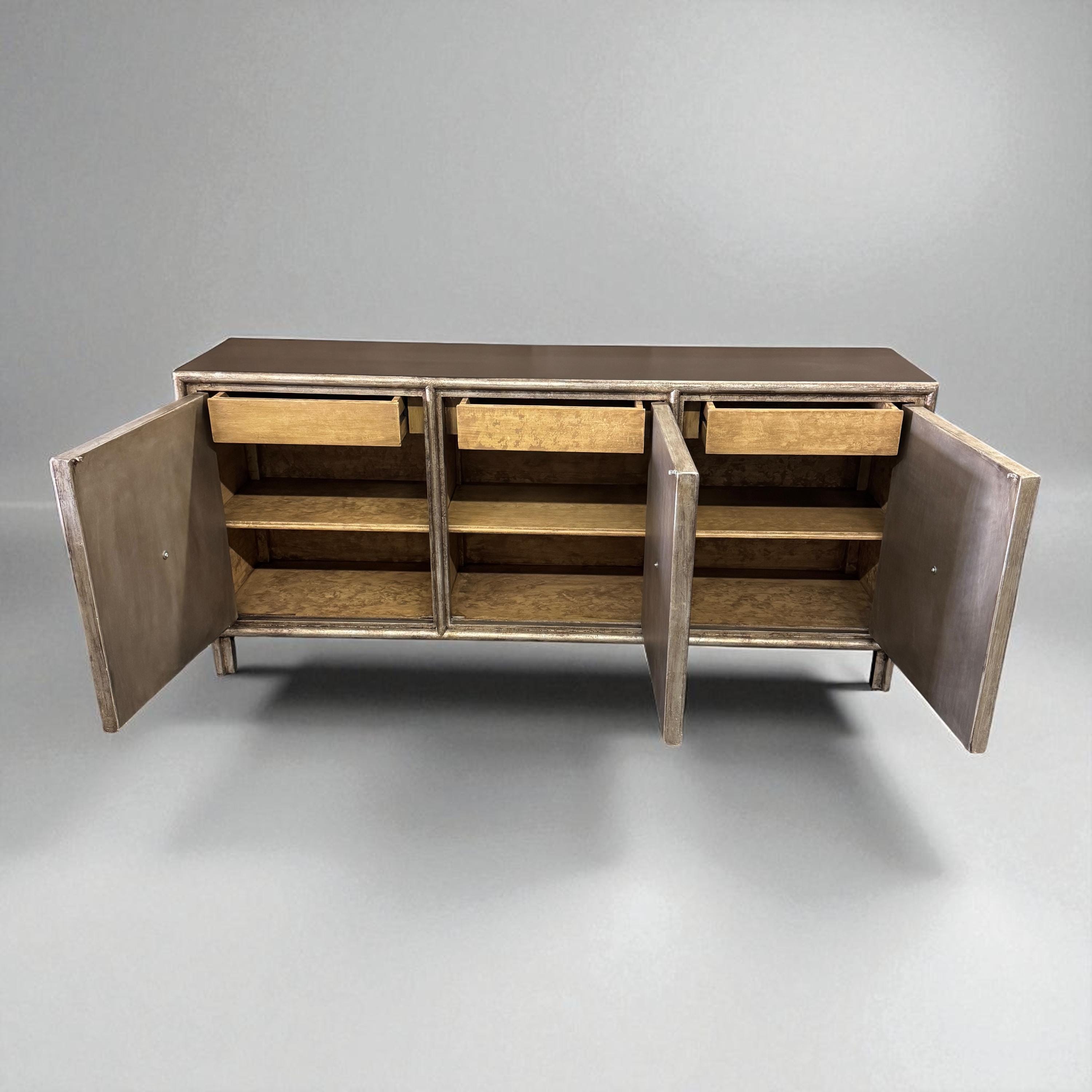 Silver Leaf Wood Sideboard Buffet – Modern Metallic 3-door Cabinet With ...