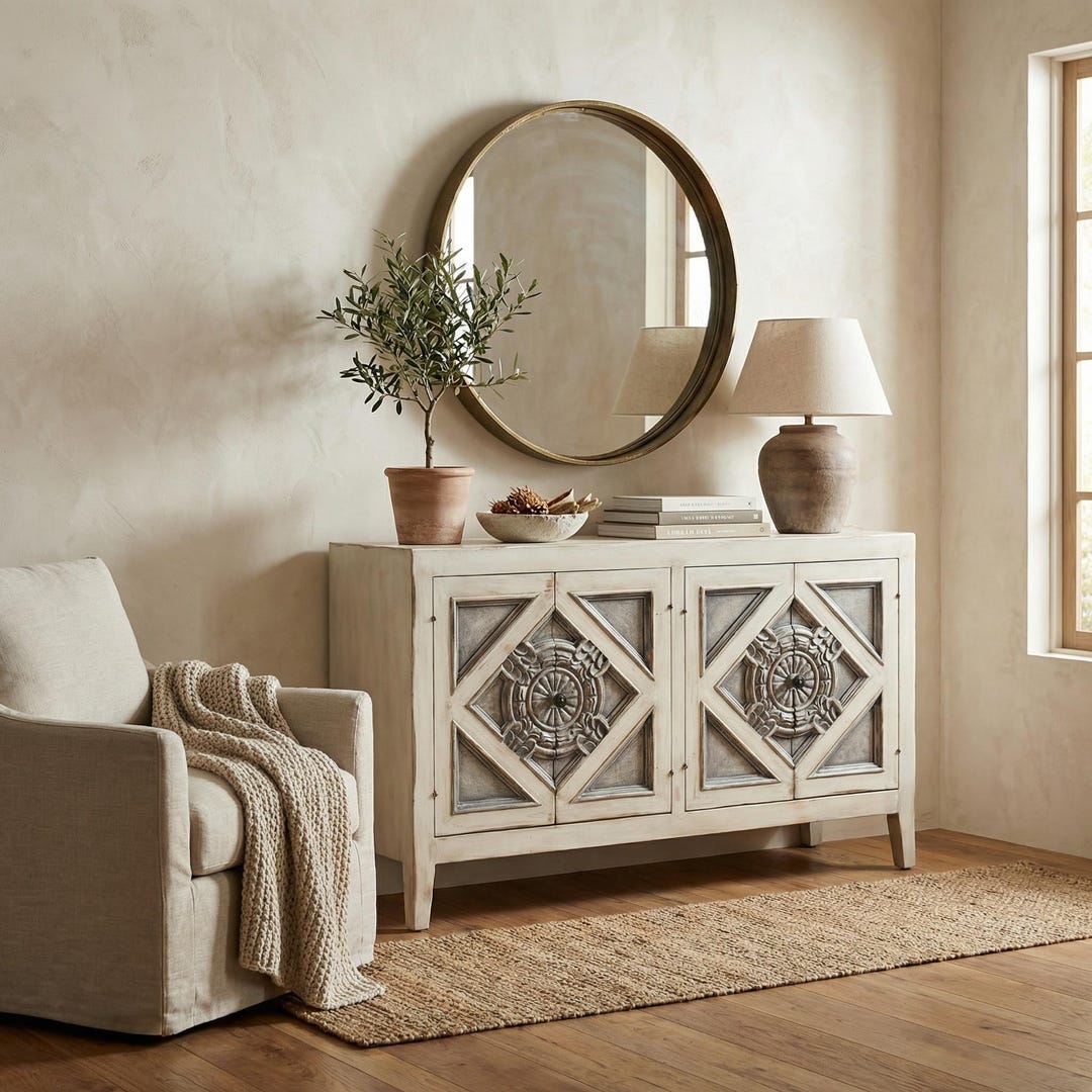 Distressed Wood Sideboard Buffet: Hand-carved Medallion Doors ...
