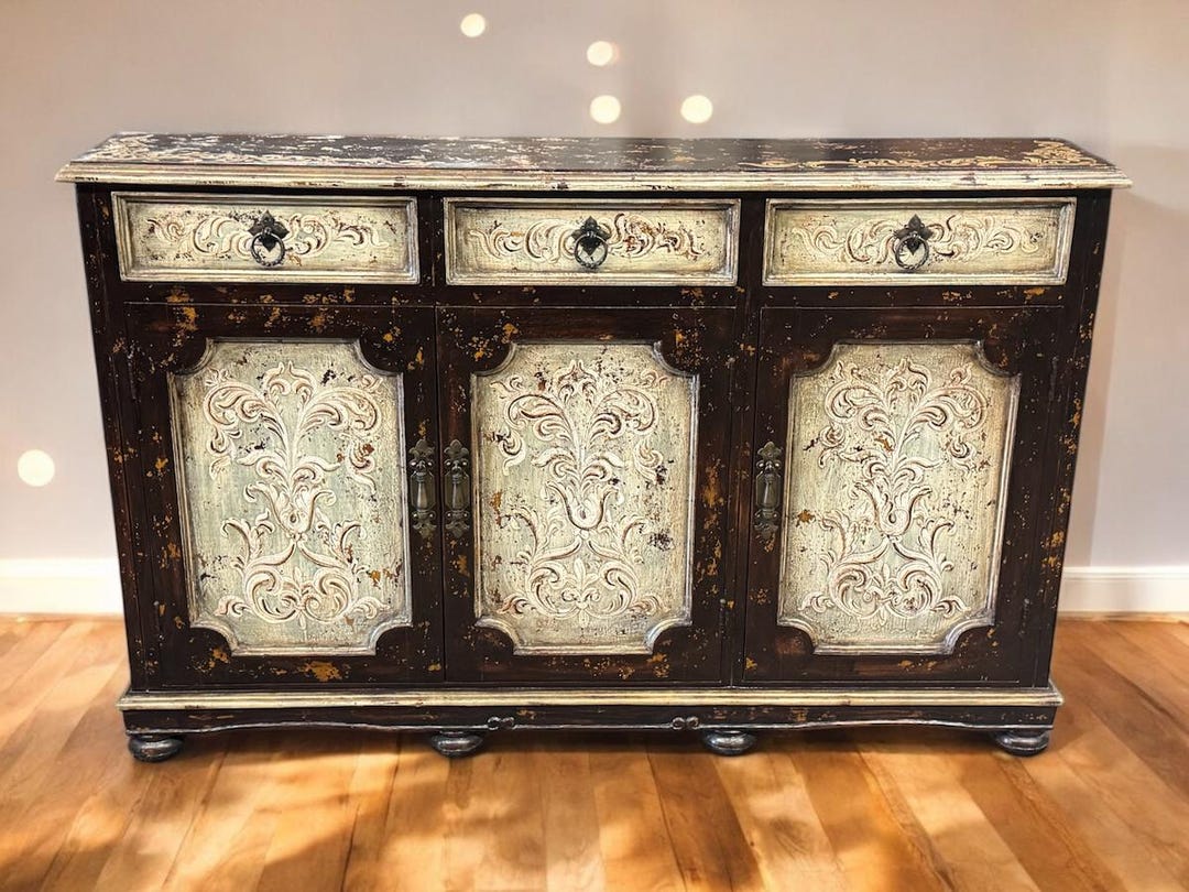 Vintage Distressed Wood Sideboard – Rustic Buffet Cabinet With Embossed ...