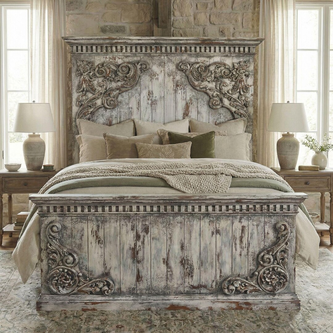 Solid Wood King Bed Frame With Decorative Headboard, Rustic King Bed ...