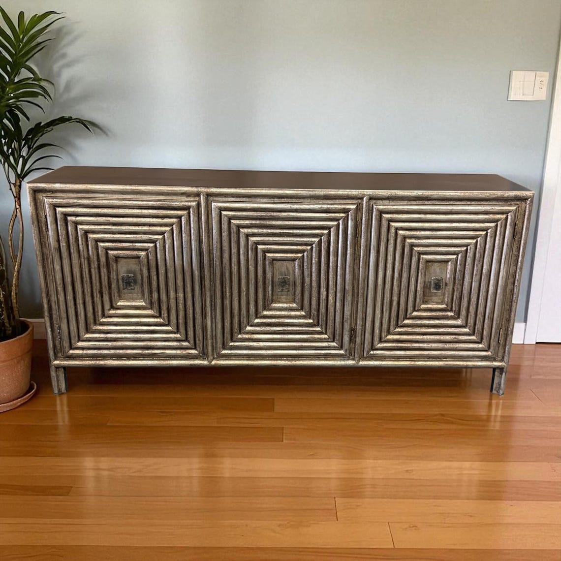 Silver Leaf Wood Sideboard Buffet – Modern Metallic 3-door Cabinet With ...