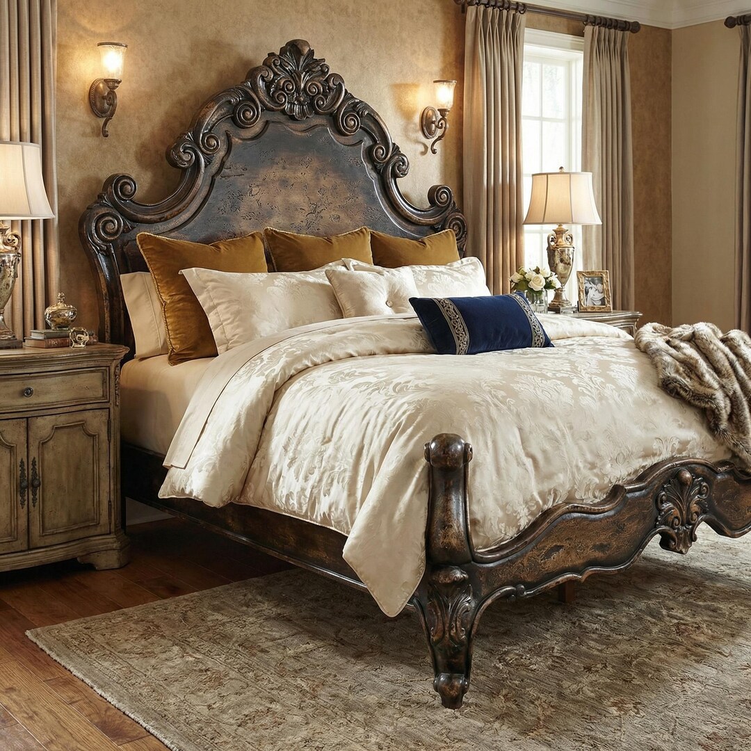 Handcrafted Solid Wood King Bed, Carved Statement Bed Frame, European ...