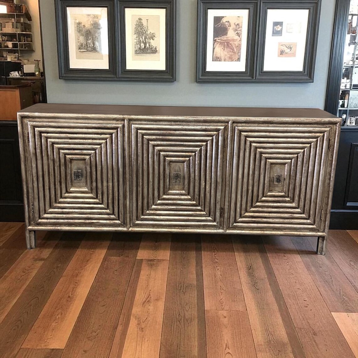 Silver Leaf Wood Sideboard Buffet – Modern Metallic 3-door Cabinet With ...