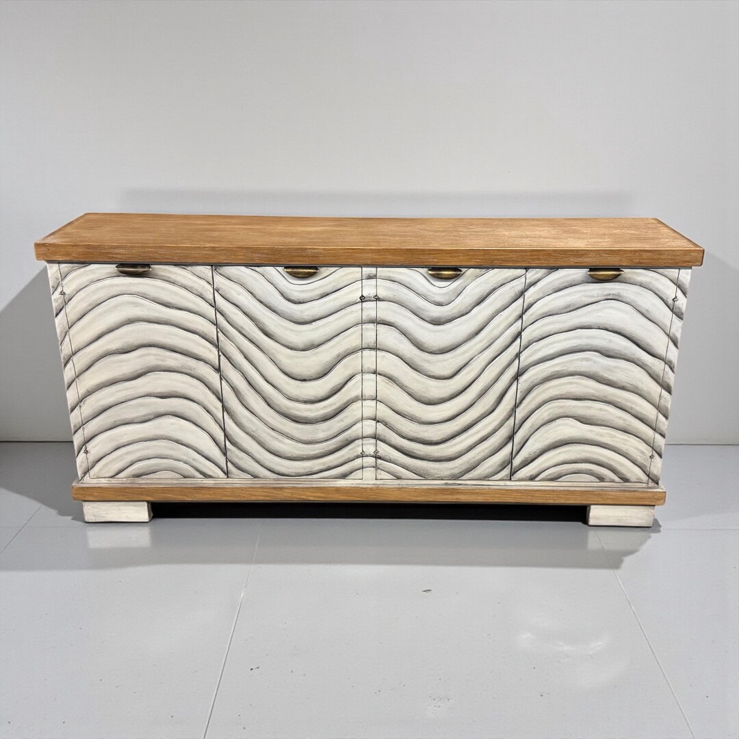 Handcrafted Wood Buffet With Wave Design | Distressed White and Natural ...