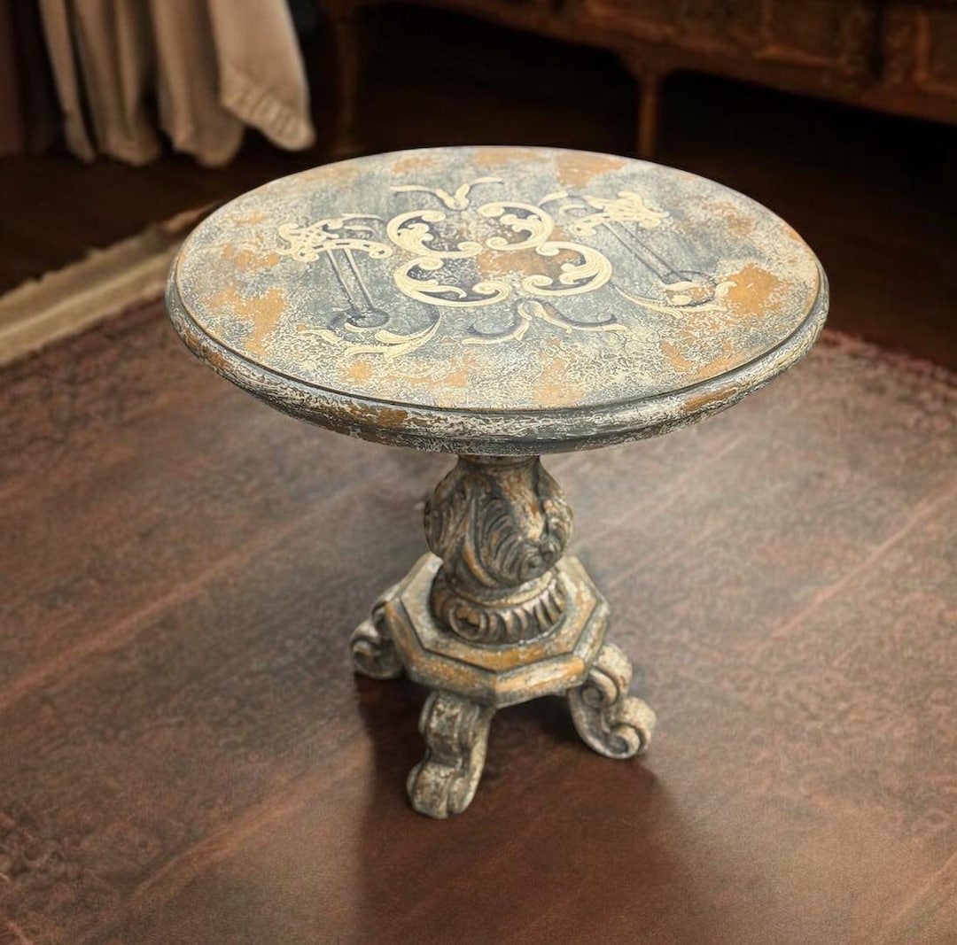 Hand-painted Distressed Wood Accent Table: Rustic Floral Pedestal - Etsy