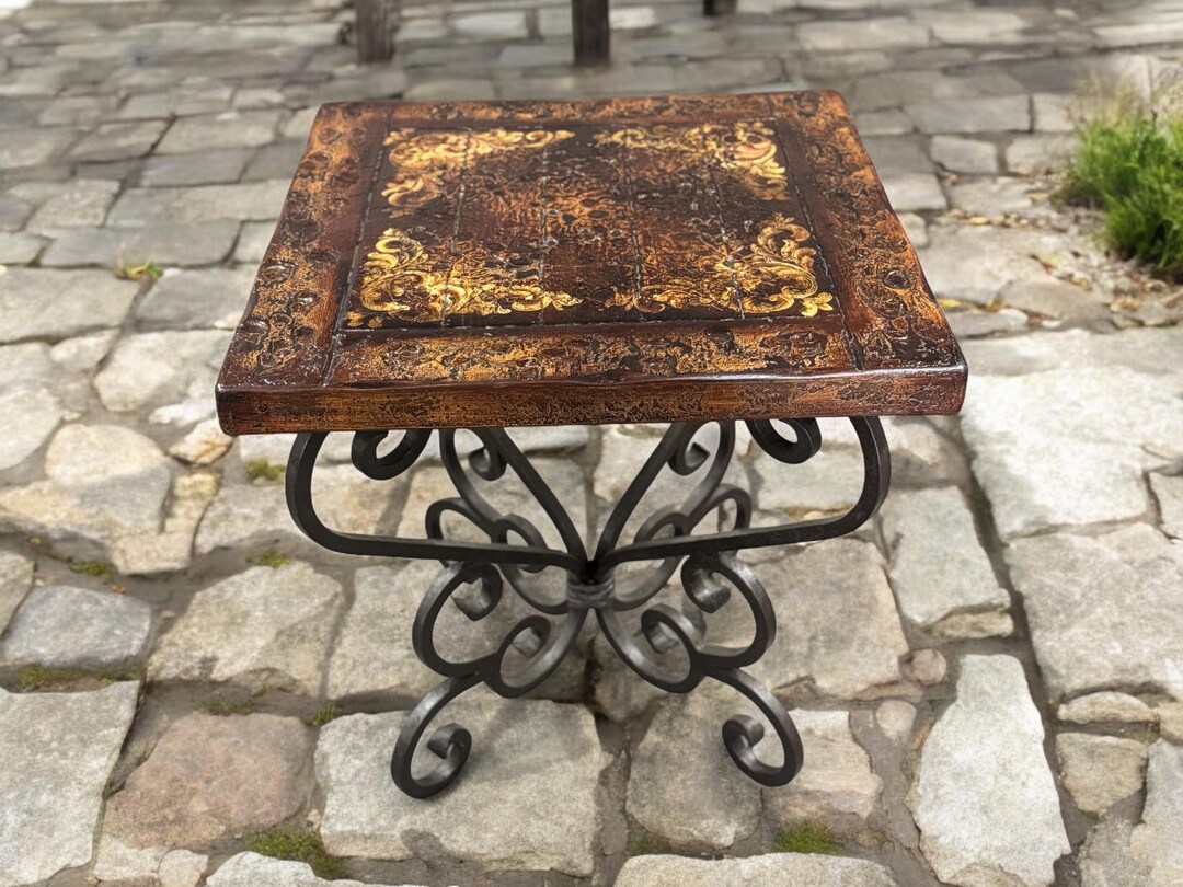 Spanish Style Wood Square Table Wrought Iron Base ,hand Painted Wood ...