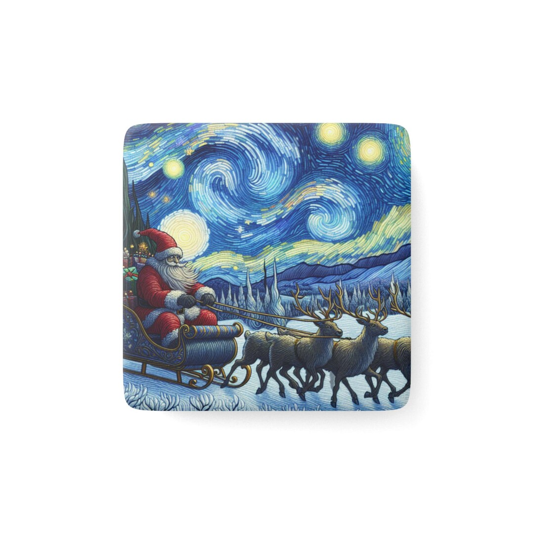 Porcelain Magnet, Santa in His Sleigh, Van Gogh Style, Holiday Fridge ...