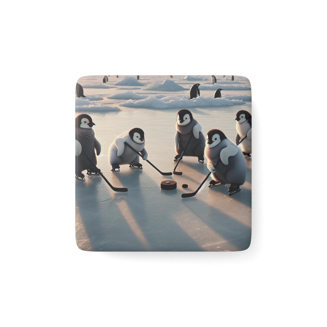 Porcelain Magnet, Square Cute Penguins Ice Hockey Game, Refrigerator ...
