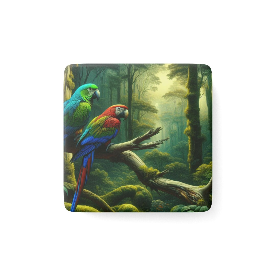 Porcelain Magnet, Square Tropical Parrots in the Forest. Jungle Animals ...