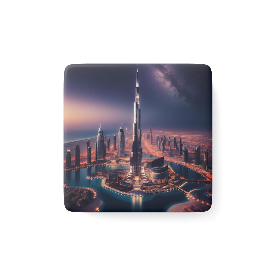 Porcelain Magnet, Burj Khalifa Dubai UAE Souvenir, Square Fridge Magnet ...