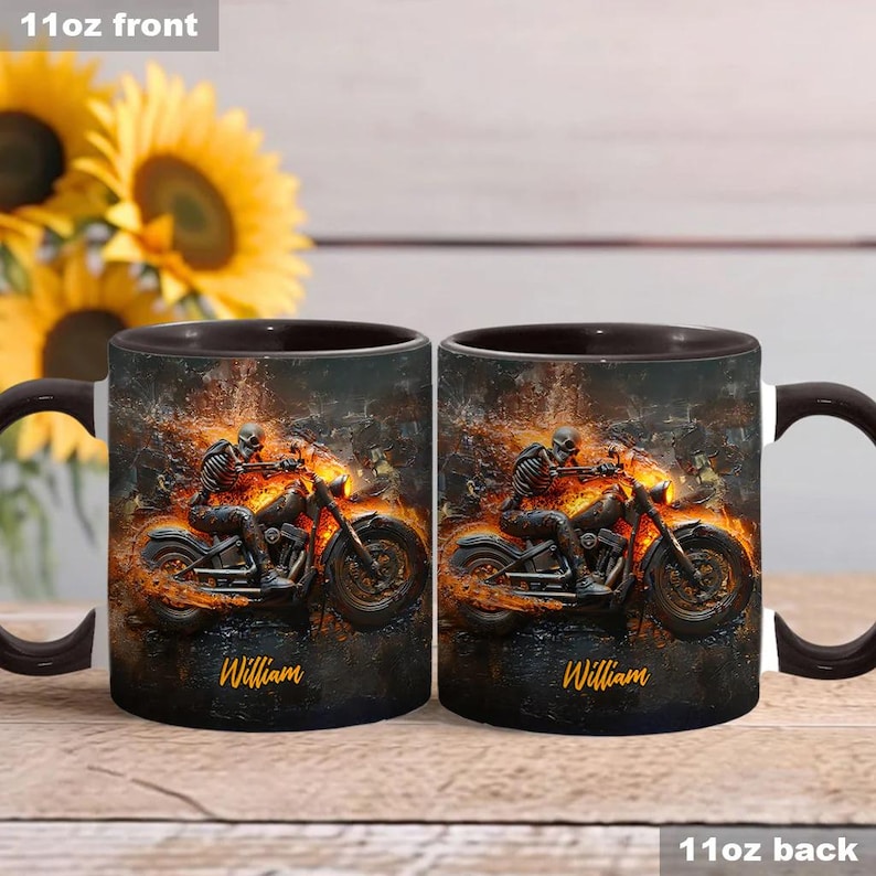 Skeleton Riding Flaming Motorcycle, Personalized Biker Accent Mug ...