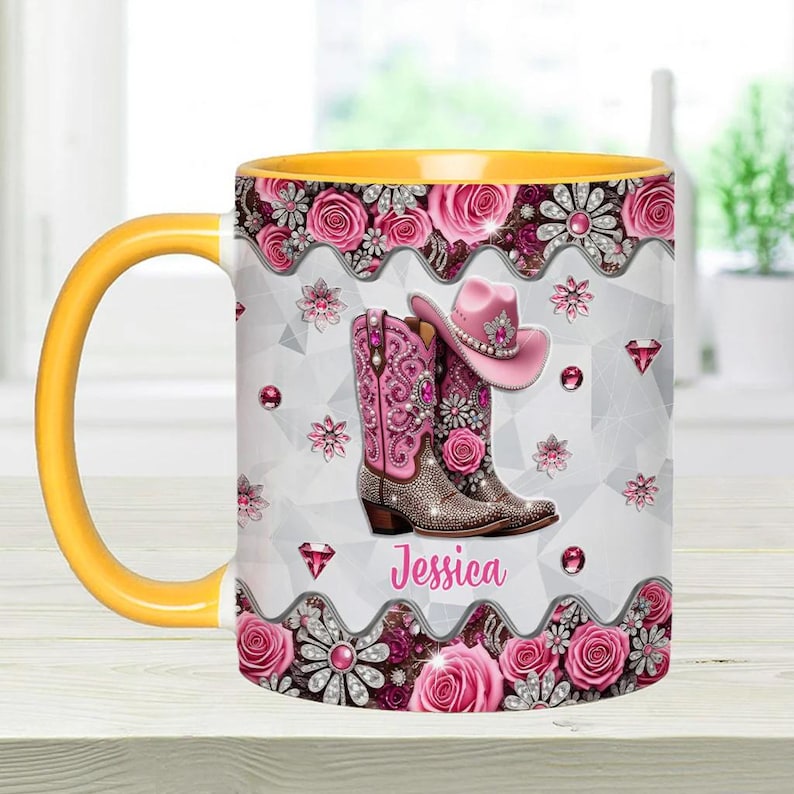 Cowgirl Boots Custom Cowgirl Accent Mug, Floral Cowgirl Boots Name ...