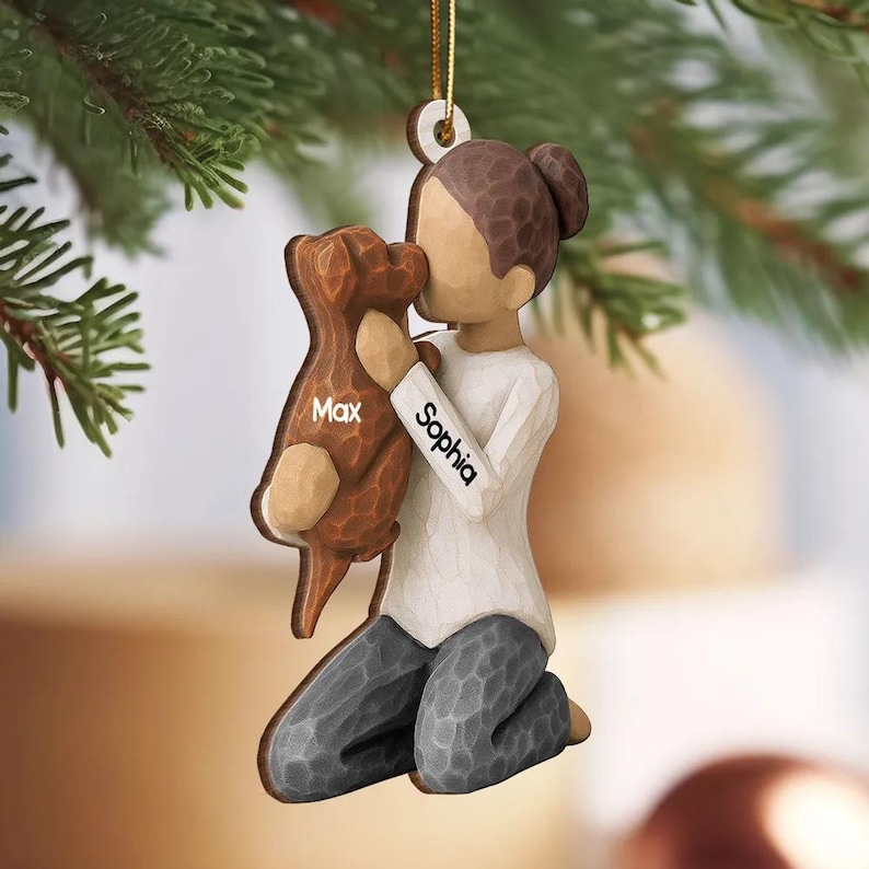 3D Effect Boy Girl Hugging Dog - Personalized Wooden Ornament ...