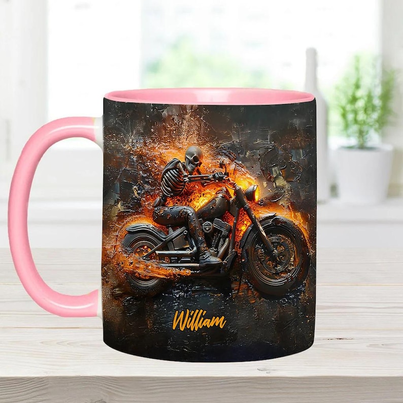 Skeleton Riding Flaming Motorcycle, Personalized Biker Accent Mug ...
