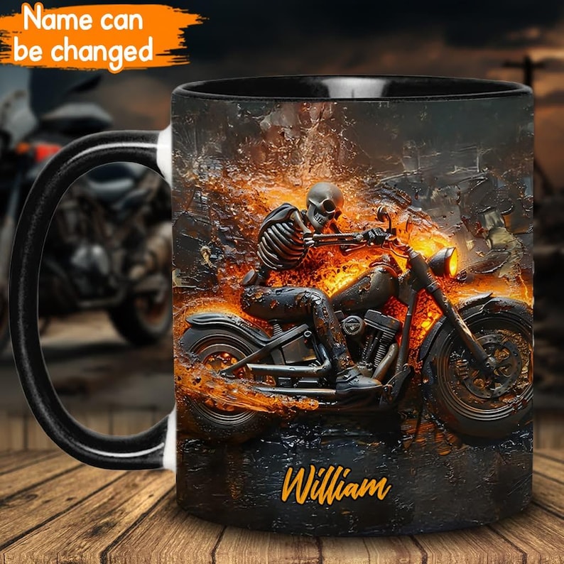 Skeleton Riding Flaming Motorcycle, Personalized Biker Accent Mug ...