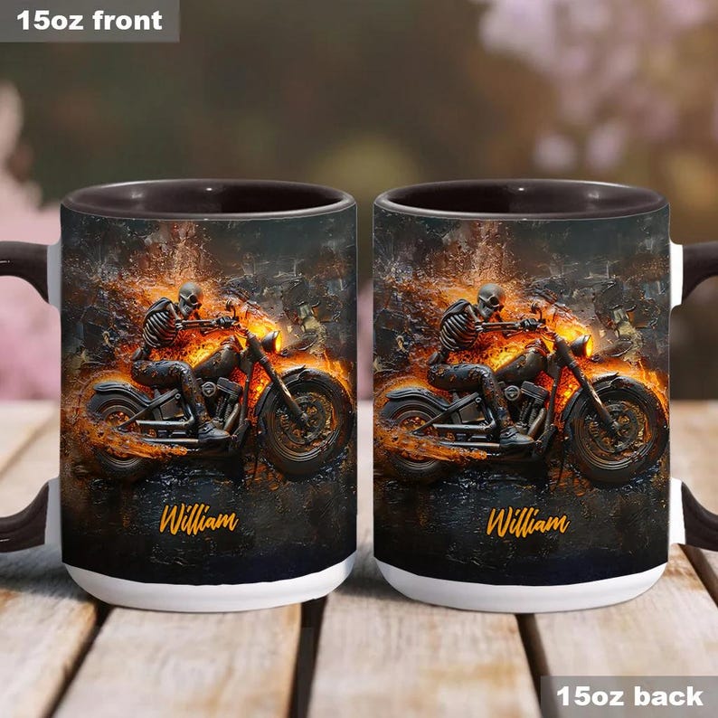Skeleton Riding Flaming Motorcycle, Personalized Biker Accent Mug ...