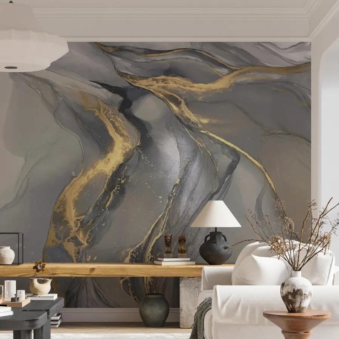 Fluid Wall Mural Photo Wallpaper Gray and Gold Marble Wall Mural ...