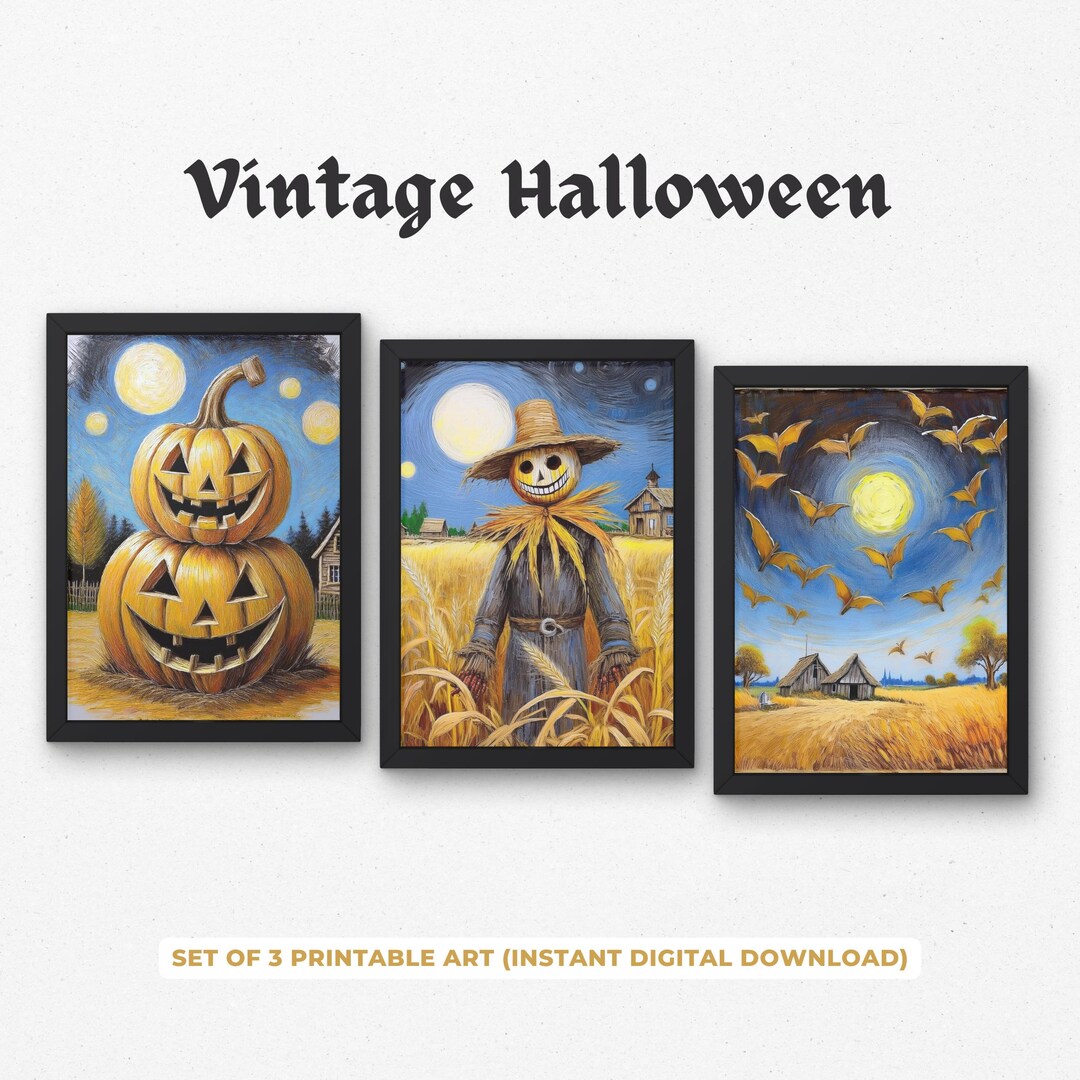 Vintage Halloween Wall Art, Fall Wall Art, Retro Halloween Prints ...