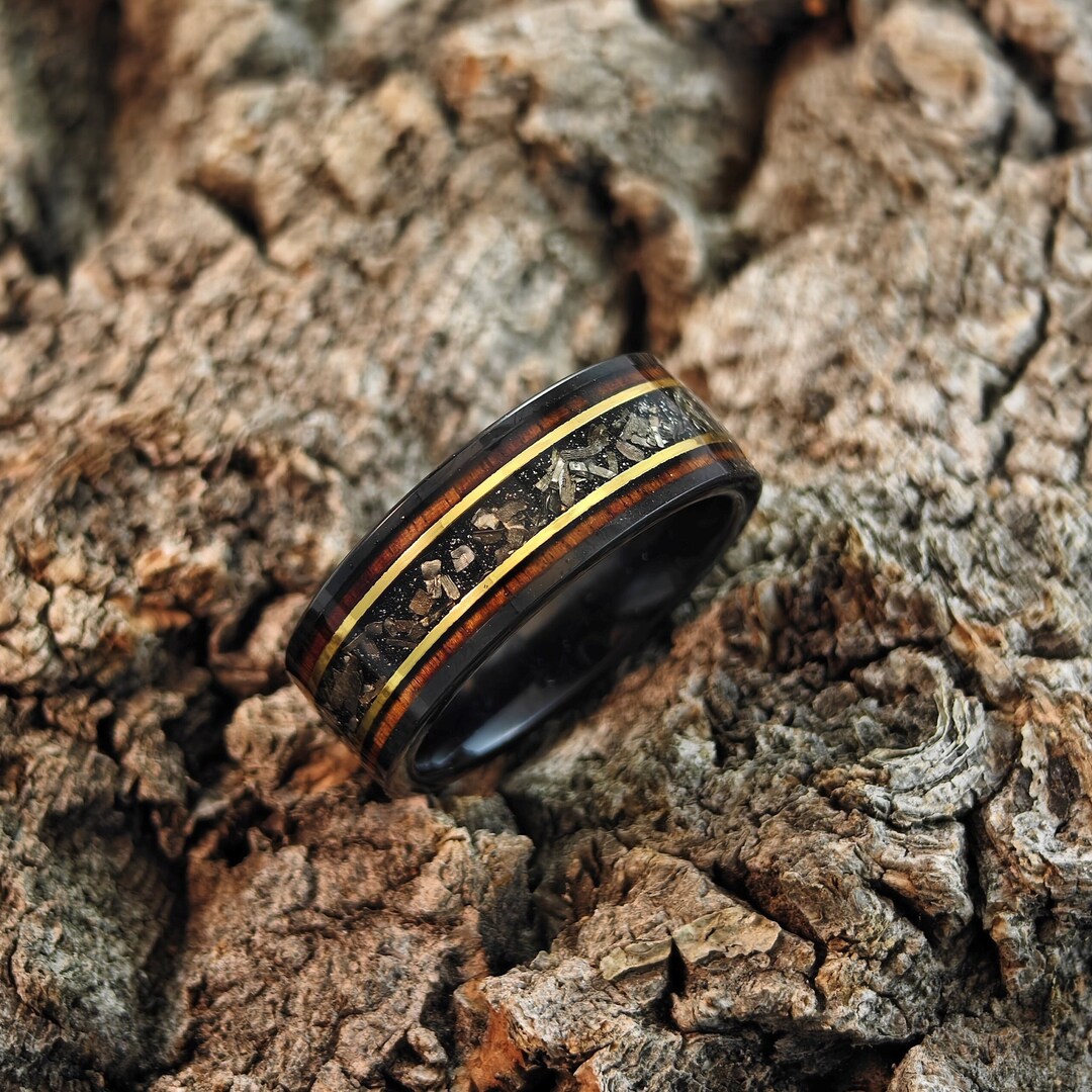 Charred Whiskey Barrel Ring With Meteorite, Meteorite Ring, Wedding ...