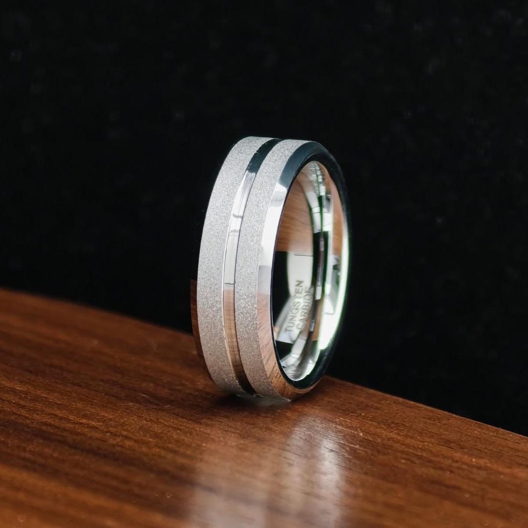 Personalized Silver Mens Wedding Band: Sandblasted Finish With Polished ...