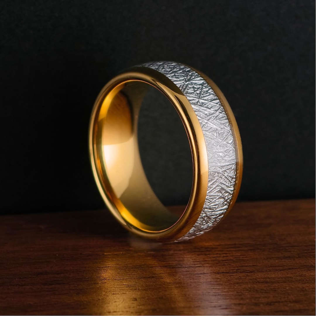 8mm Gold Tungsten Ring Meteorite Texture, Mens Wedding Band, 8mm ...