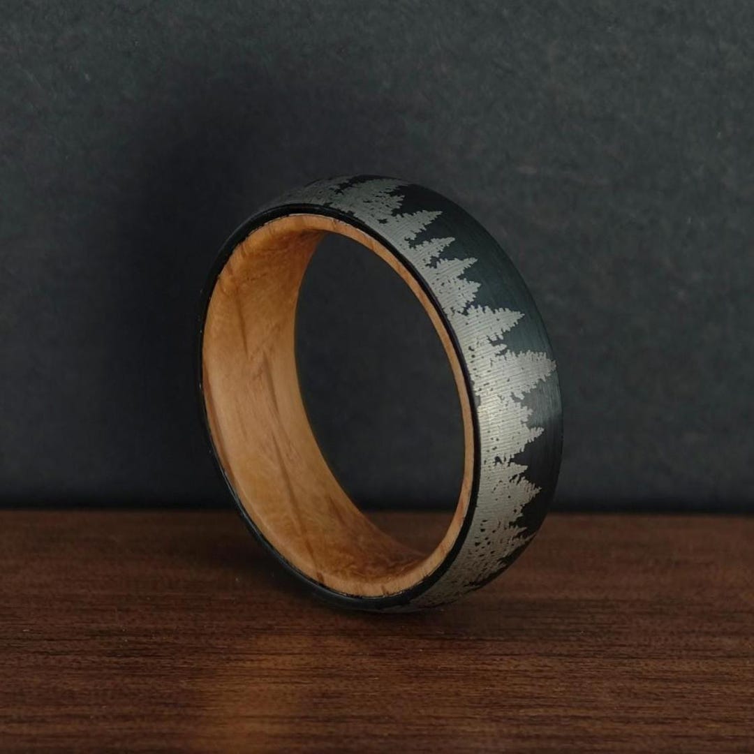 Pine Tree Forest Tungsten Ring, Oak Wood Tungsten Ring, Personalized ...