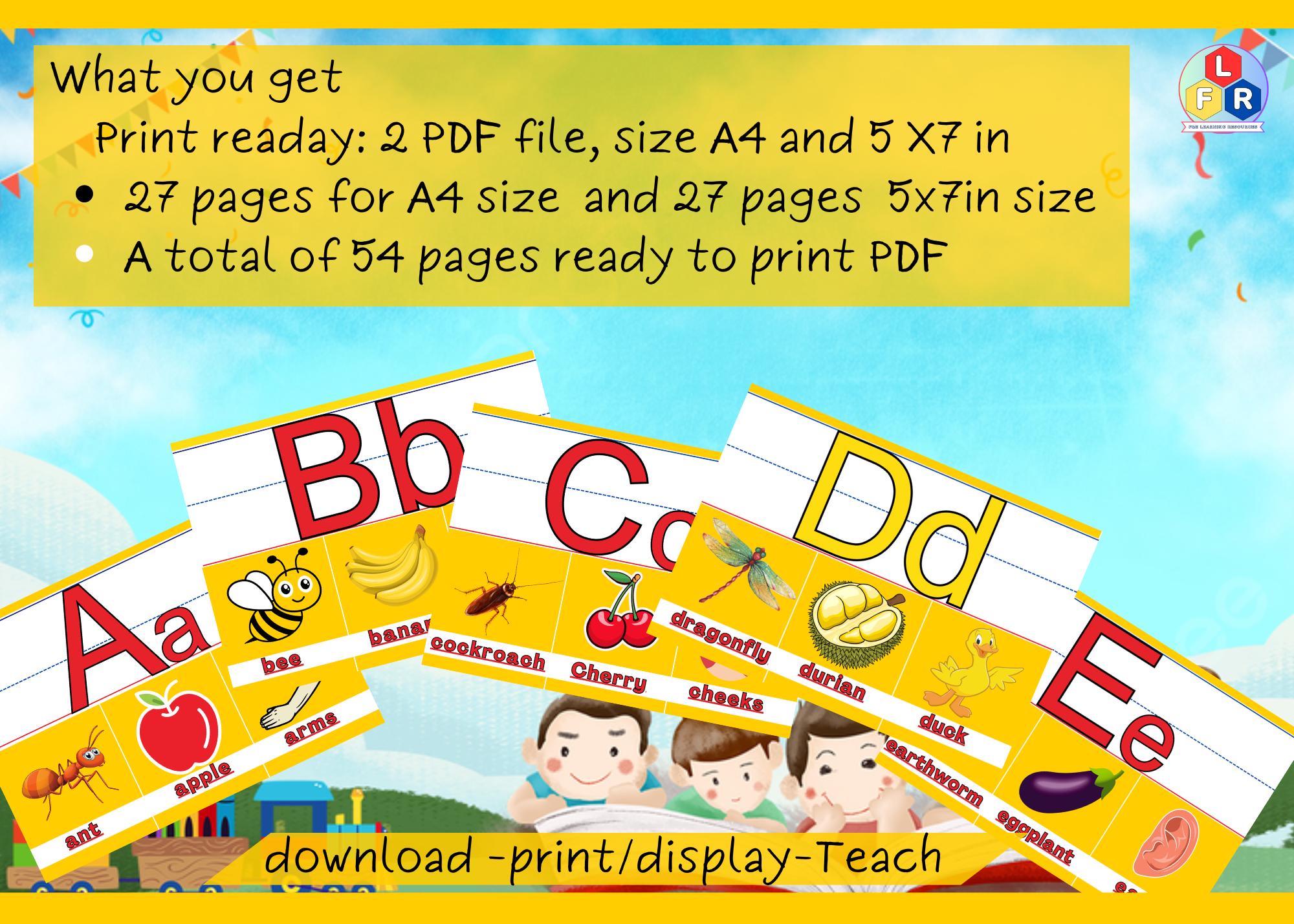 Alphabet Flash Card From A to Z With 3 Example Each Letter, Writing ...