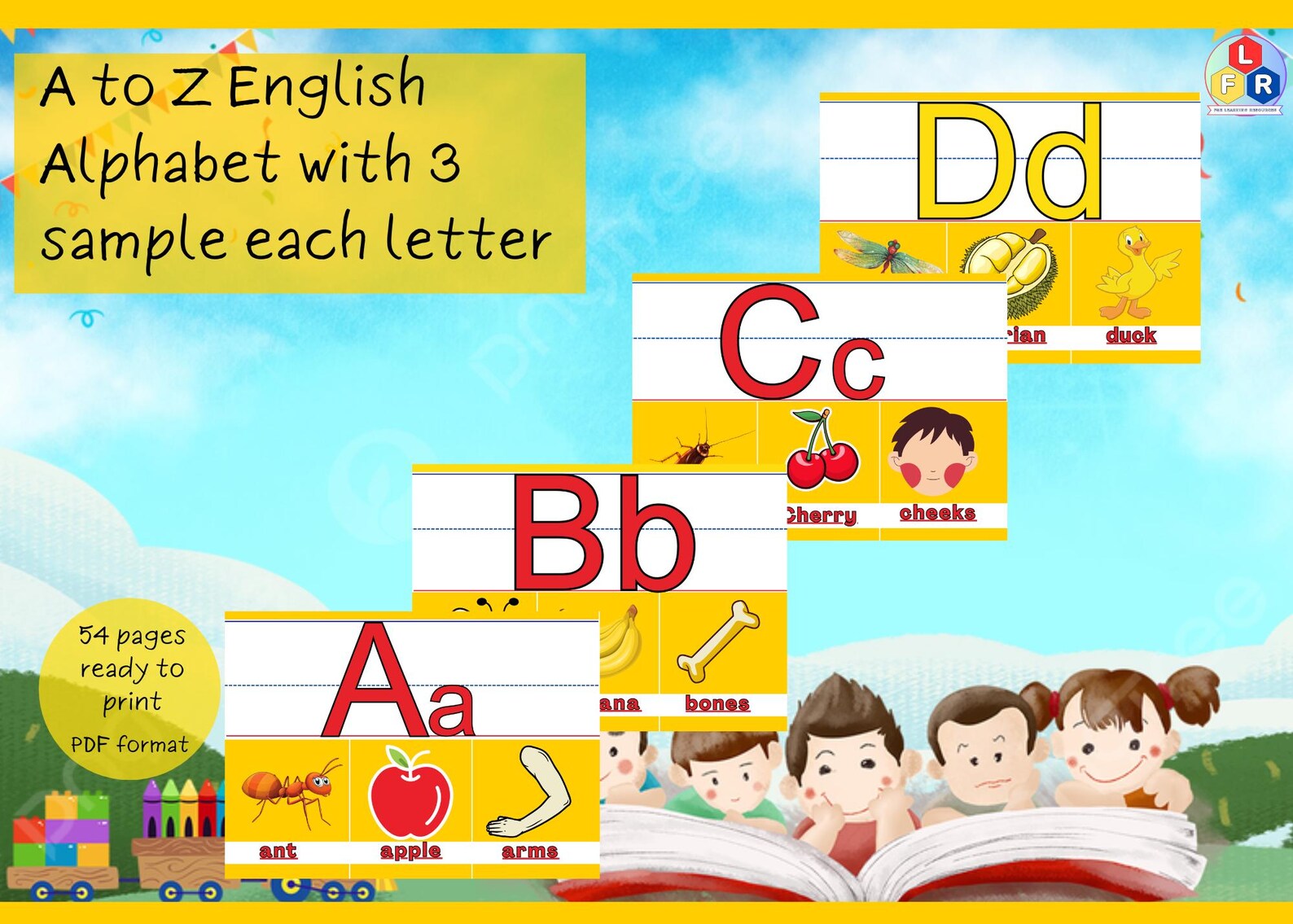 Alphabet Flash Card From A to Z With 3 Example Each Letter, Writing ...