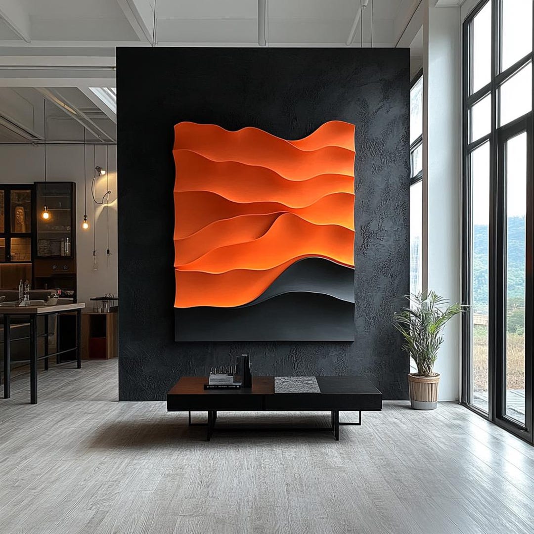 Molten Rhythm – Abstract 3D Wave Wall Sculpture in Orange and Black ...