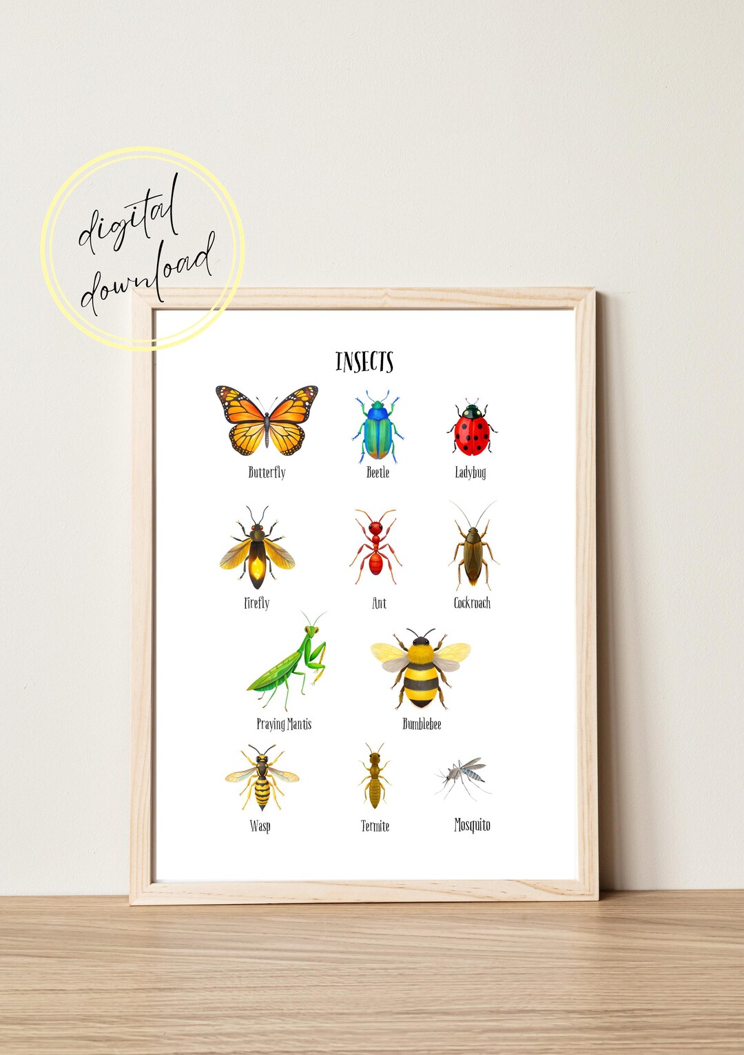 Insects Educational Poster for Kids, Nursery Wall Art, Insects Names ...