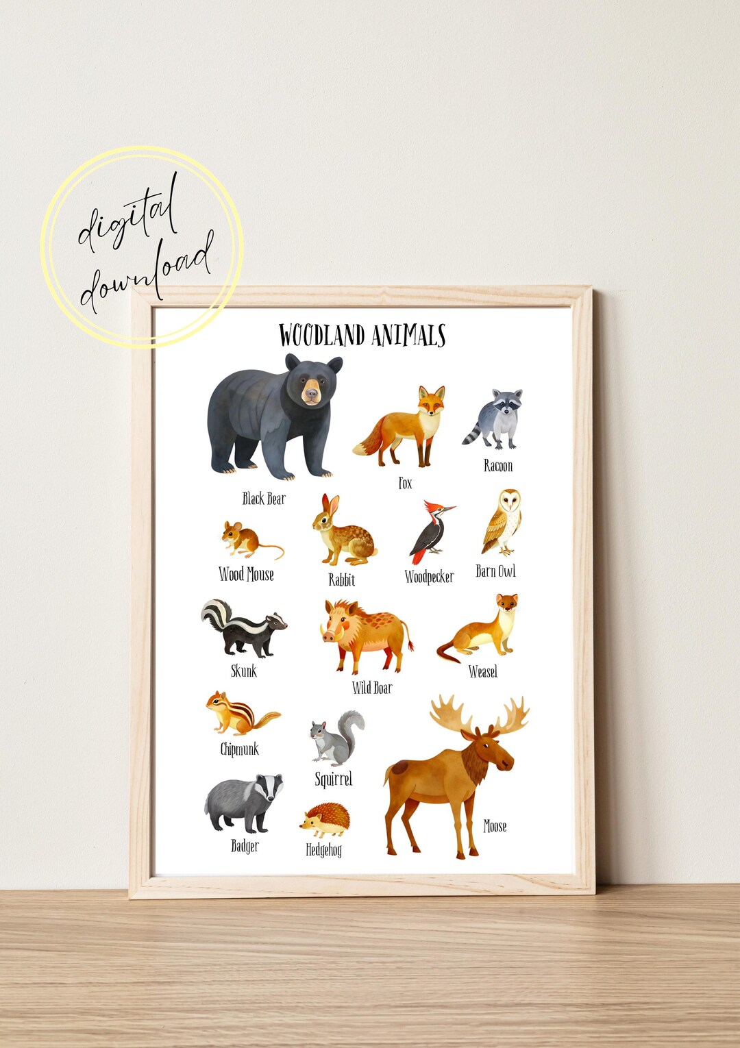 Woodland Animals Educational Poster for Kids, Nursery Wall Art ...