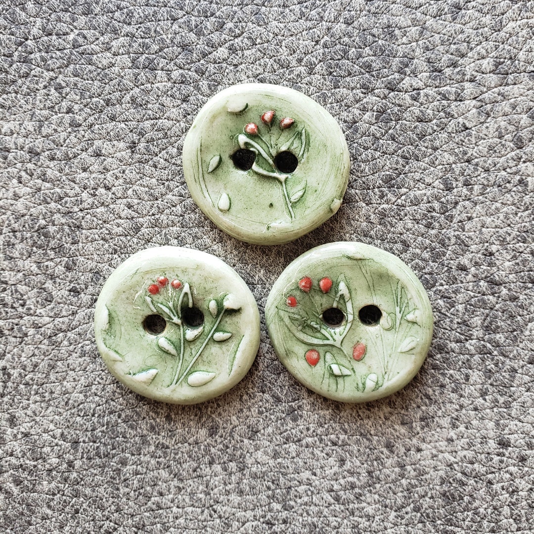 Ceramic Buttons, Handmade Buttons, Floral Buttons, Green Buttons ...