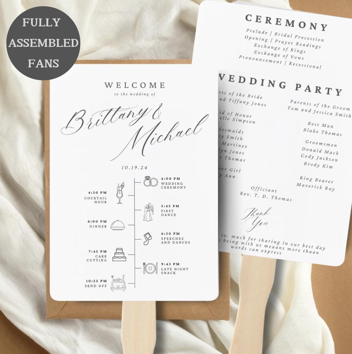PRINTED + SHIPPED Wedding Program Fans Assembled Timeline - Minimalist ...