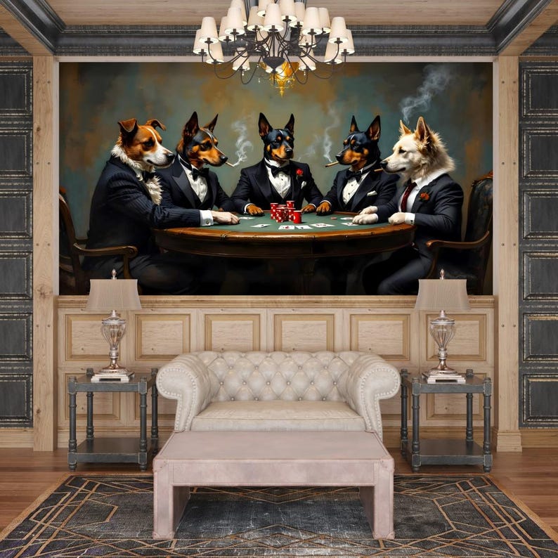 Dogs Playing Poker Wallpaper: Funny Vintage Game Room Decor - Etsy