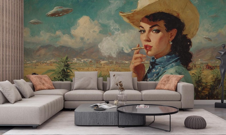 Pin up Cowgirl Wallpaper Cannabis UFO Non Woven Peel and Stick - Etsy