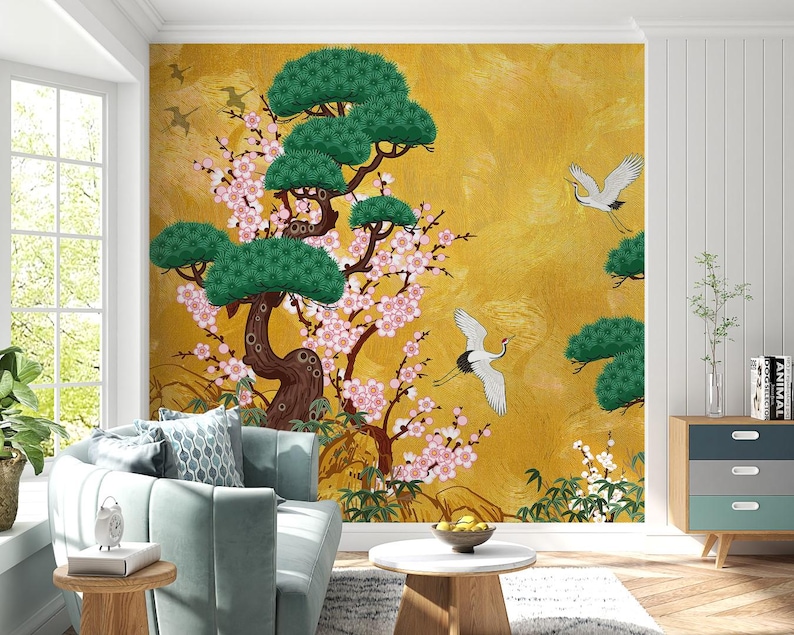 Golden Crane Wallpaper: Japanese Floral Mural, Peel & Stick or Non ...